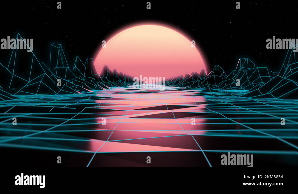 80s Retrowave Style Animation. Blue Grid Neon gound-level Landscape ...