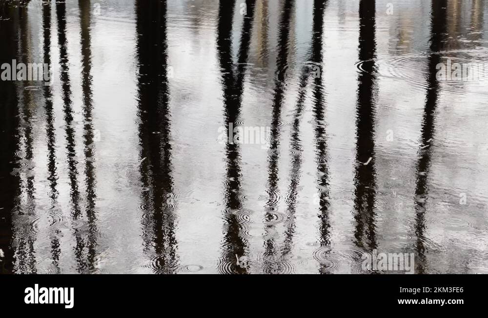 Abstract footage of reflection on water in puddle at rainy weather ...