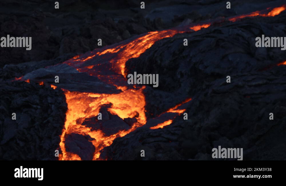 Hot Lava Stream Flowing During Volcanic Eruption Of Fagradalsfjall In ...