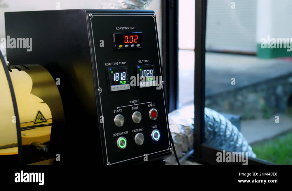 Hand Of Worker Pushing Button On Control Panel To Start Work Of Coffee ...