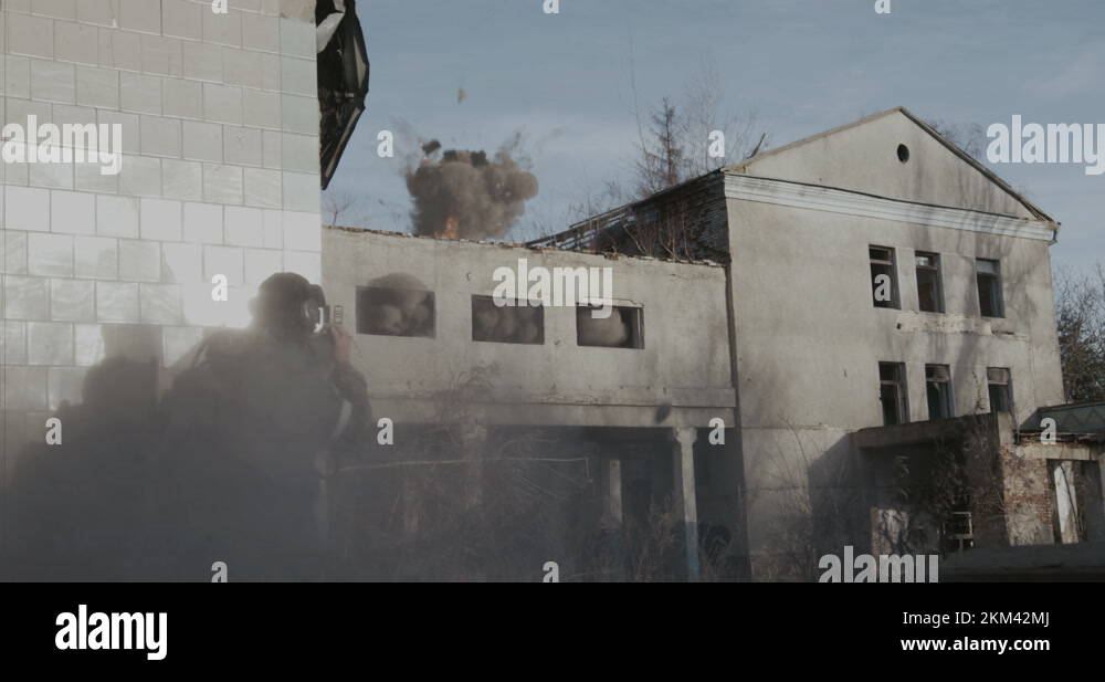 Explosion of an artillery shell from falling into an abandoned building ...