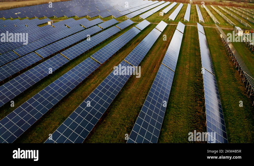 Flyover Solar Power Station. Top aerial view of Solar Panels. Flying ...