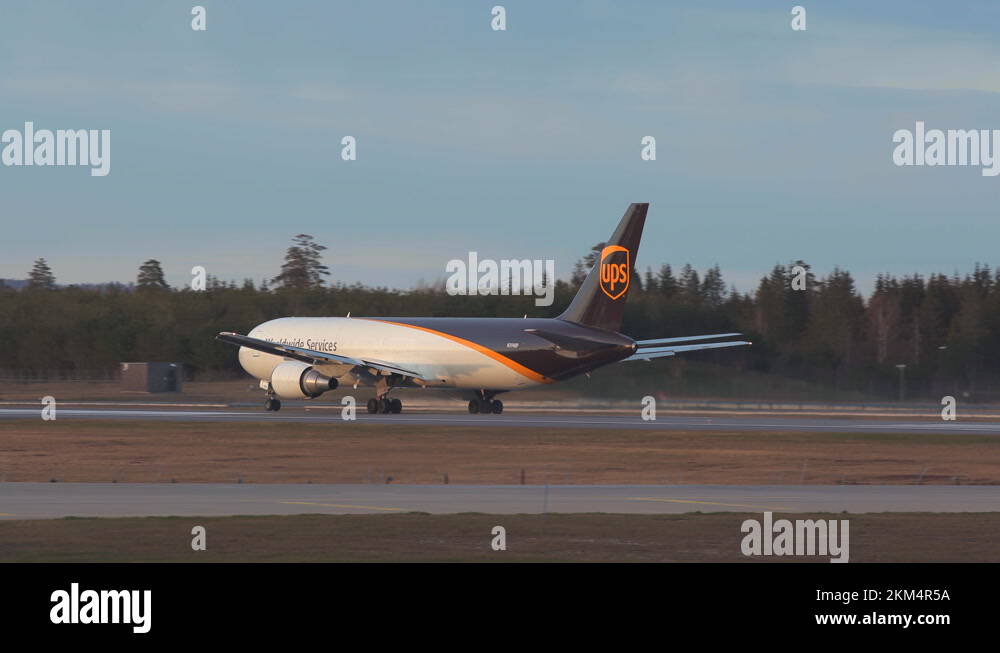 airplane ups cargo boeing 767 taking off panning left steep climb rear ...
