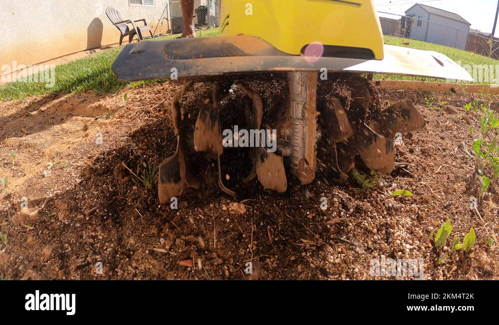 Rototilling a backyard garden for Spring planting for organic farming ...