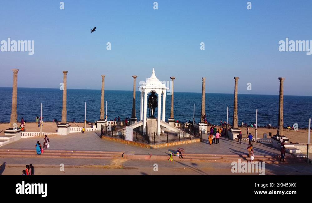 Arial view of Mahatma Gandhi Statue and rock beach of Pondicherry. A ...
