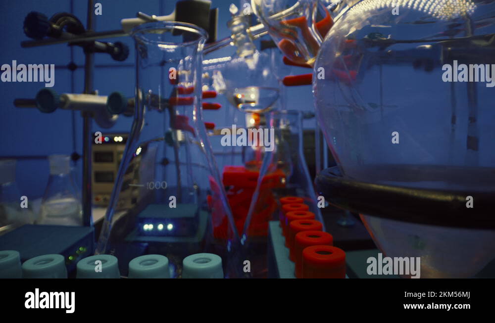 Chemical laboratory with flasks and test tubes. Chemical process with ...