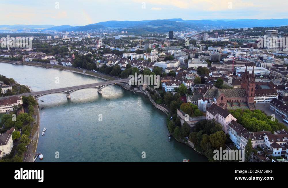 The bridges over River Rhine in the city of Basel Switzerland - aerial ...