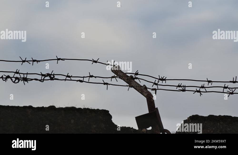 Barbed wire stretched over a concrete fence against a blue sky Stock ...