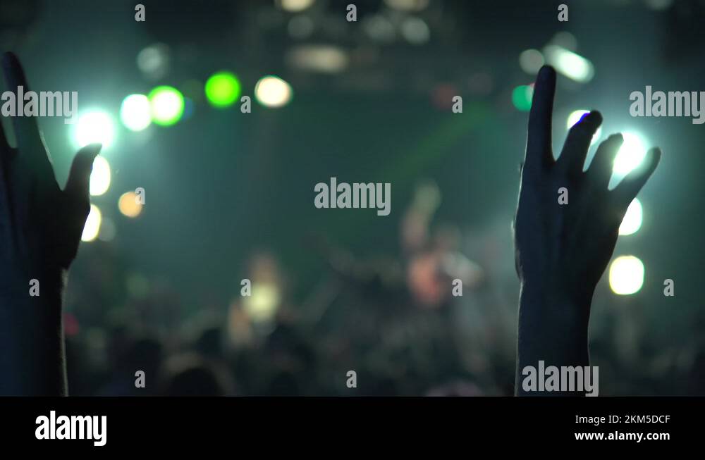 Woman at a music concert raised their hands up. A laughing crowd in ...