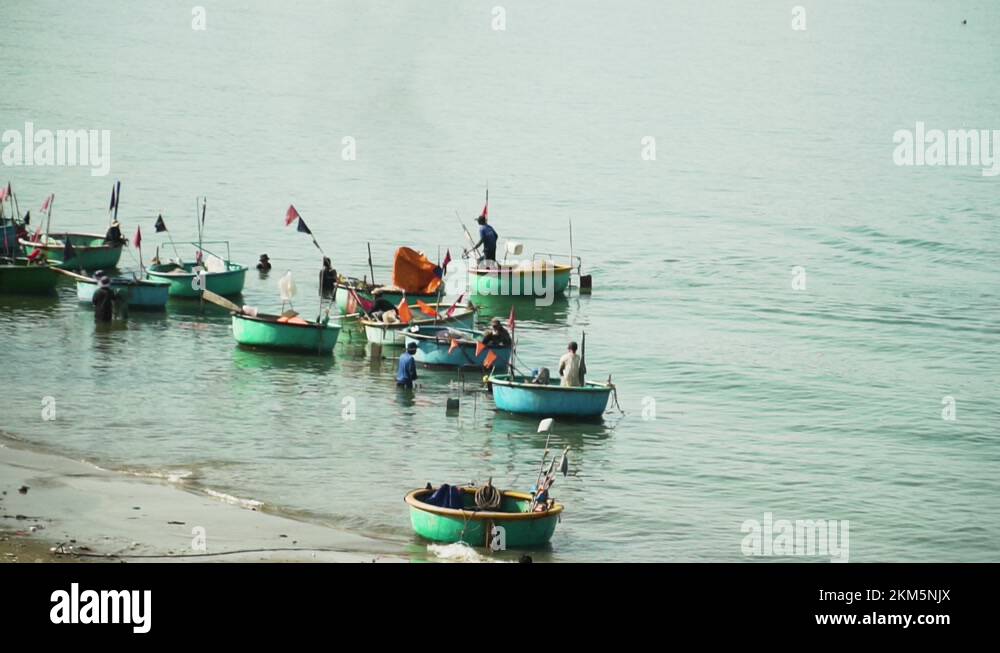 Vietnamese Coracle Boats come to shore to unload their fish. Also known ...