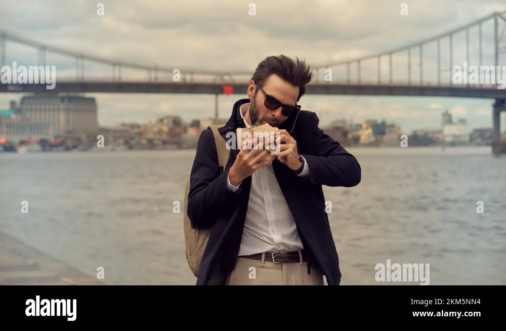 White Collar Worker Eat Tasty Food Breakfast.Lunch Break Fast Food ...