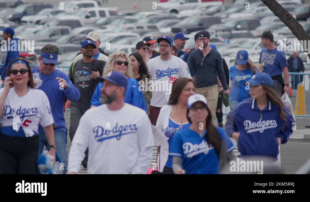 Los Angeles Dodgers Fans Crossing The Street Entering Dodger Stadium To