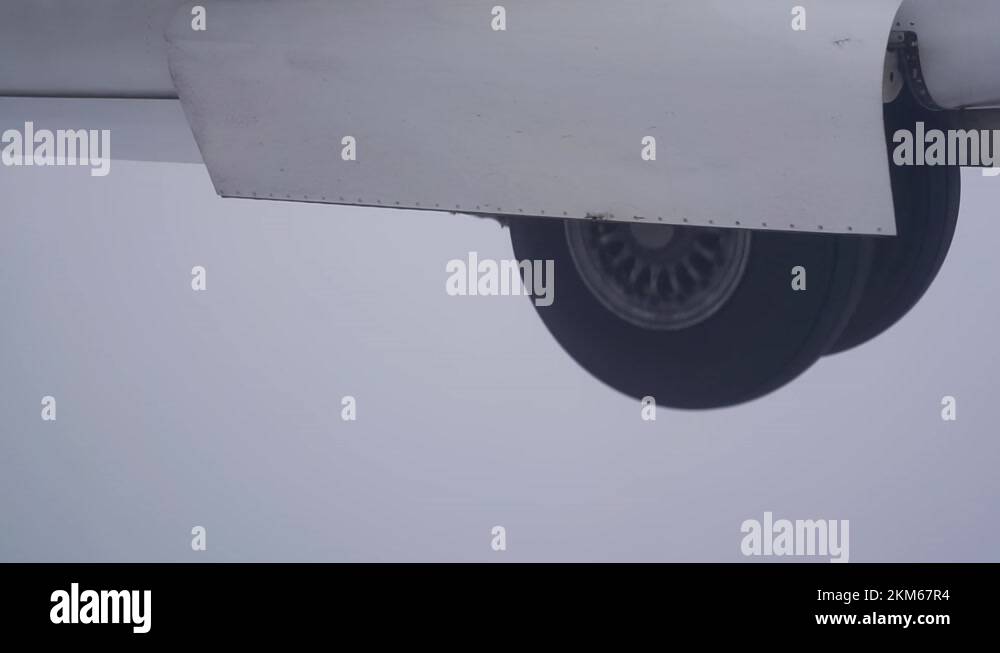 Airplane landing gear down deploy flying in dense fog zero visibility ...