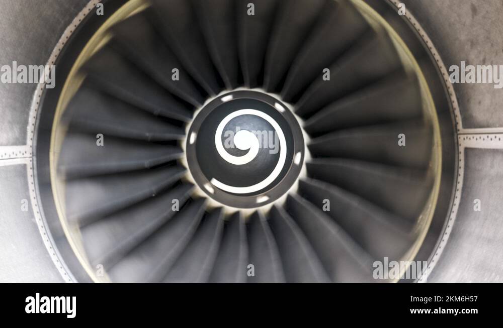 The rotation of airplane engine. Front view of aircraft engine turning ...