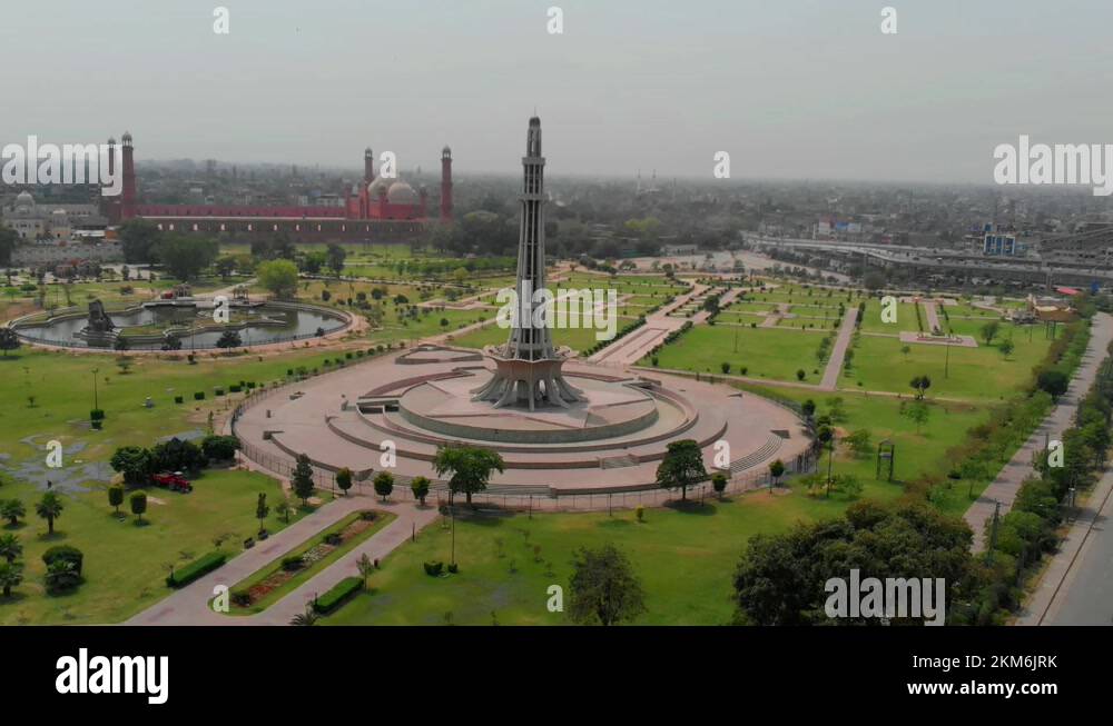 Aerial Parallax View Of Minar E Pakistan Monument And Badshahi Mosque ...