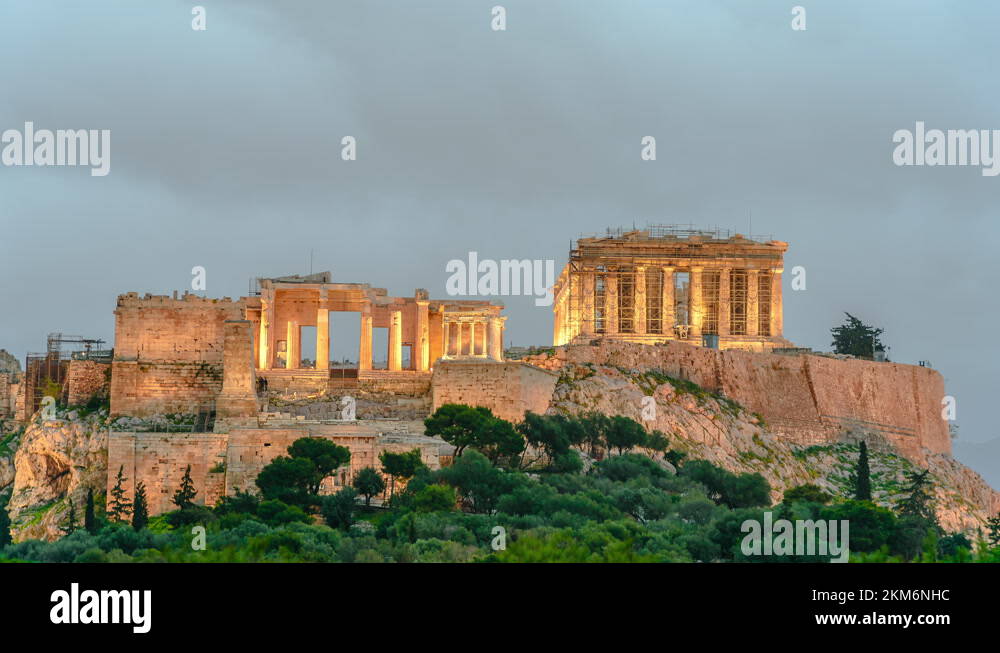 Seamless loop of the Acropolis of Athens beautifully floodlight with ...