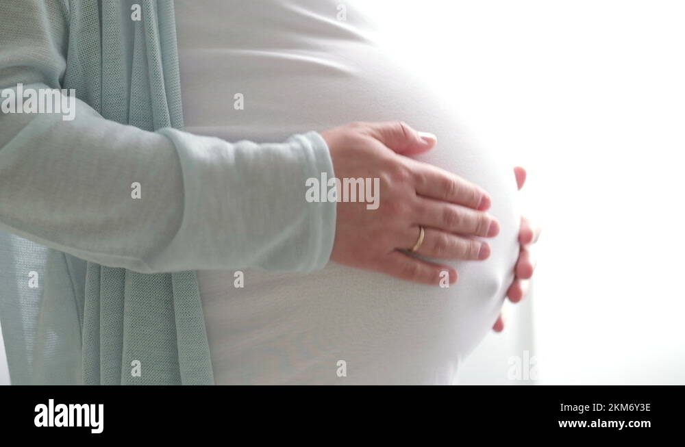 4k Pregnant Expectant Mother Caressing Her Belly Woman Hands Touching