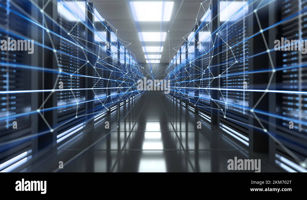 Digital blue line information flying in data centers with ig server ...