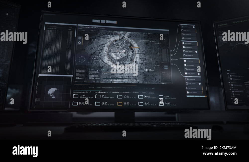 Dark room. Computer screen with keyboard. Advanced software. Area scan ...