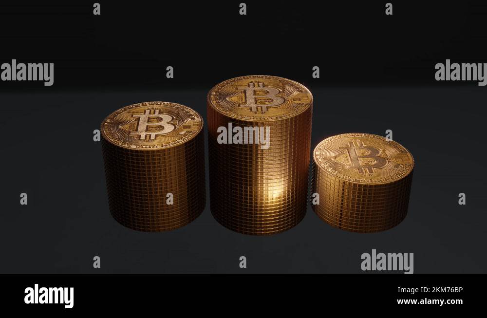 Bitcoin stack growth animation 4k black background camera tilt down ...