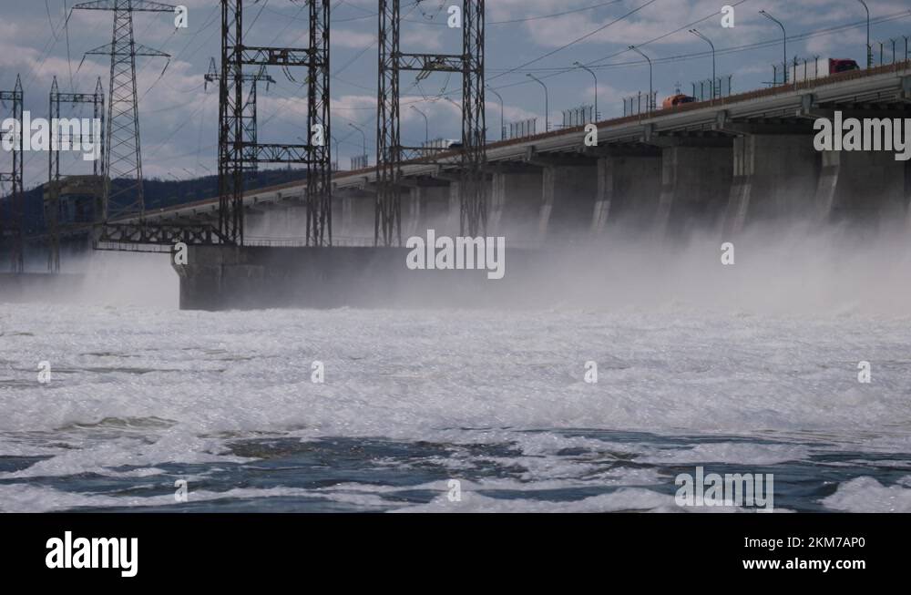 Hydroelectric power station on the Volga river. Large-scale ...