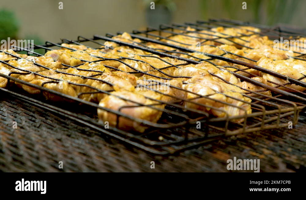 Barbecuing chicken on open fire, turning it on grid, shallow DOF Stock ...