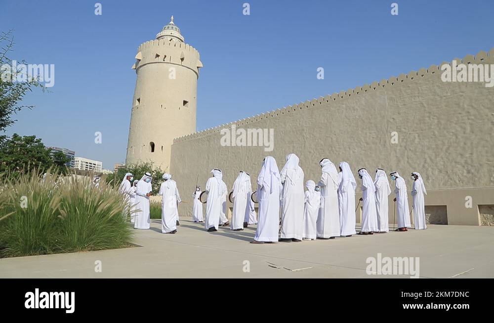 Traditional Emirati male Al Ayala dance at Qasr Al Hosn celebrating Eid ...