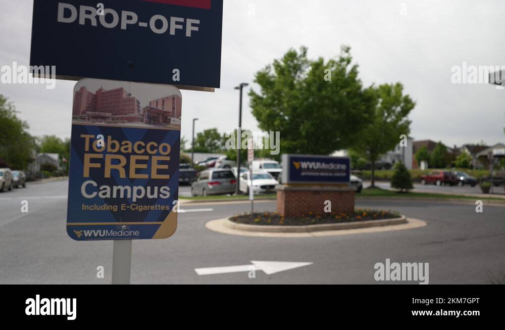 Tobacco Free, Emergency Drop Off, and entrance signs for WVU Jefferson ...