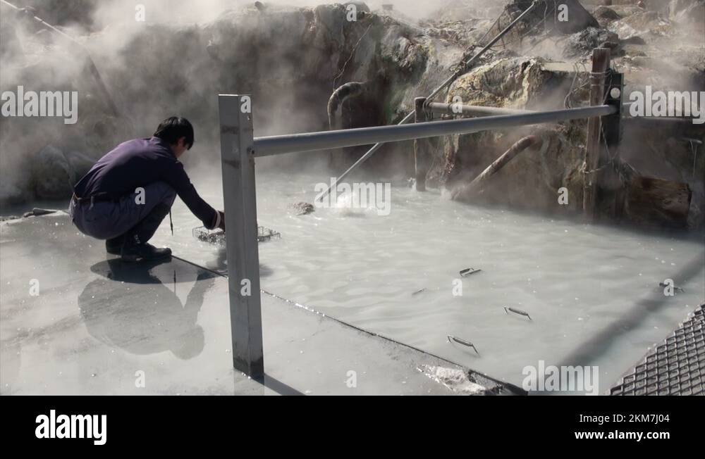 Checking famous 'black eggs' that are boiling in a Japanese volcanic ...