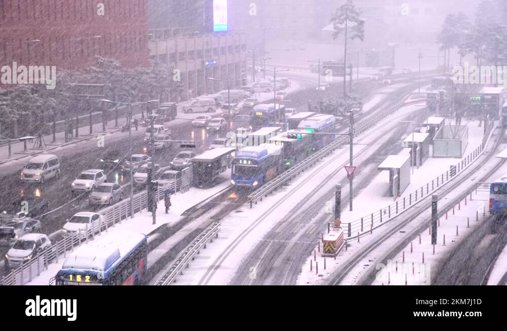 Seoul city traffic driving in heavy winter snow blizzard, South Korea ...