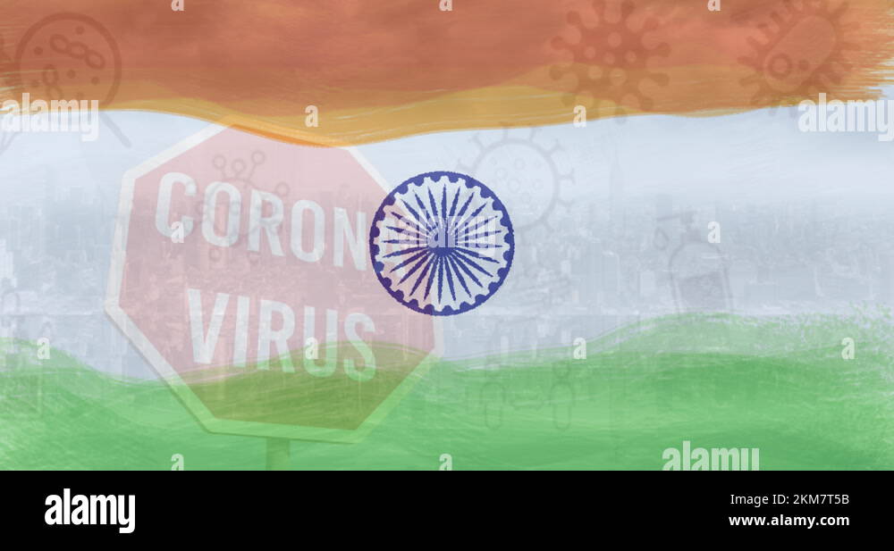 Composition of covid 19 icons and coronavirus stop sign over indian ...