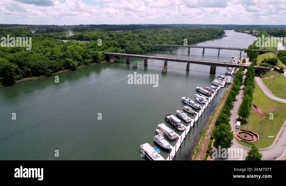 Boats and bridges along the Savannah River Aerial in Augusta Georgia ...