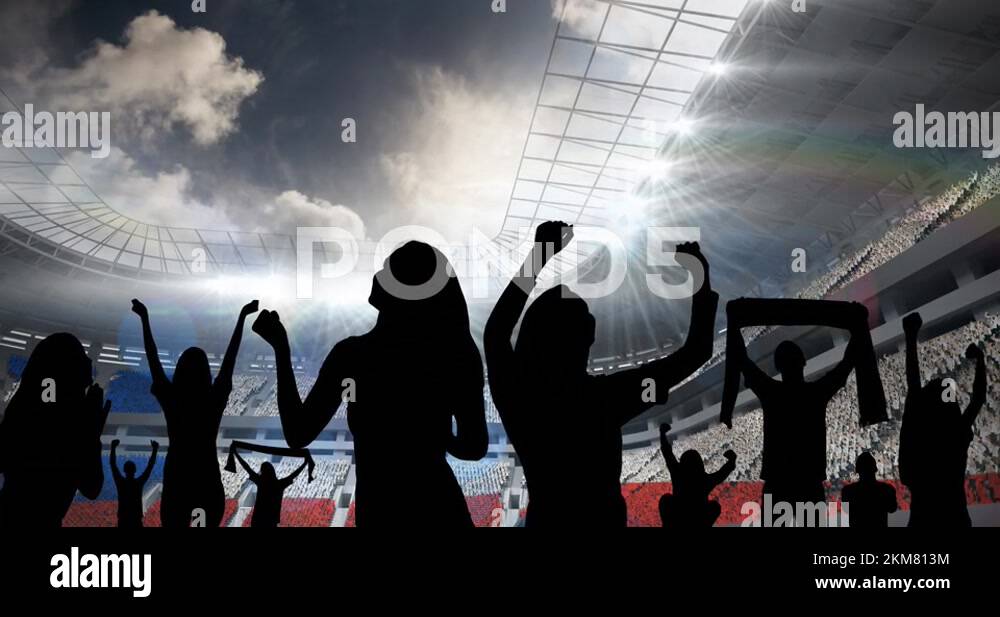 Animation of silhouettes of sports fans cheering over sports stadium ...