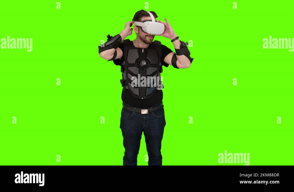 Man put on white VR oculus quest gaming headset gear virtual reality ...