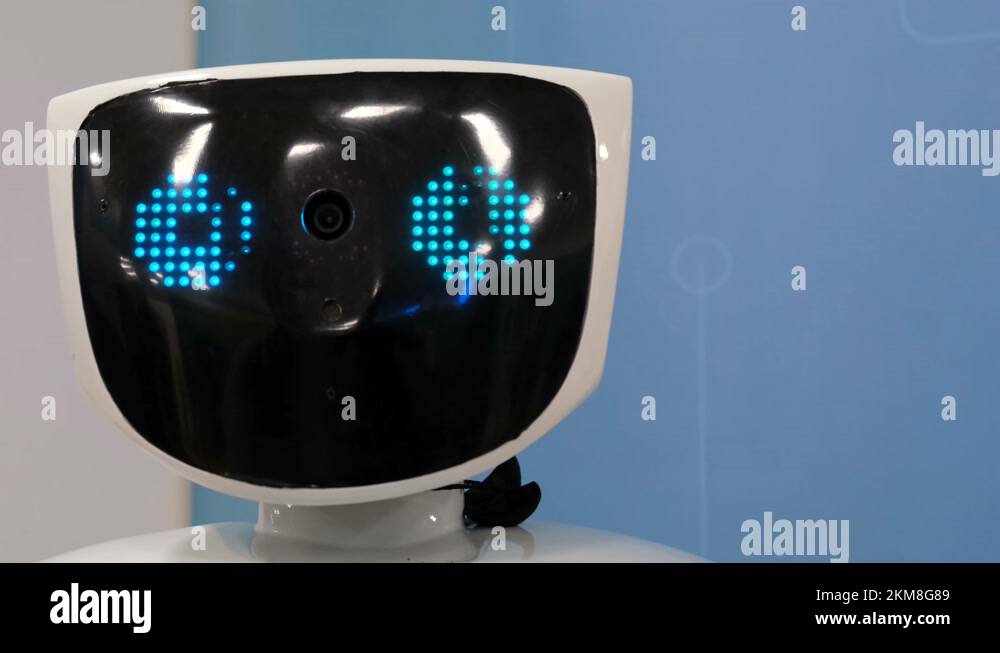 Robot face with blue eyes. Smart robot with artificial intelligence ...