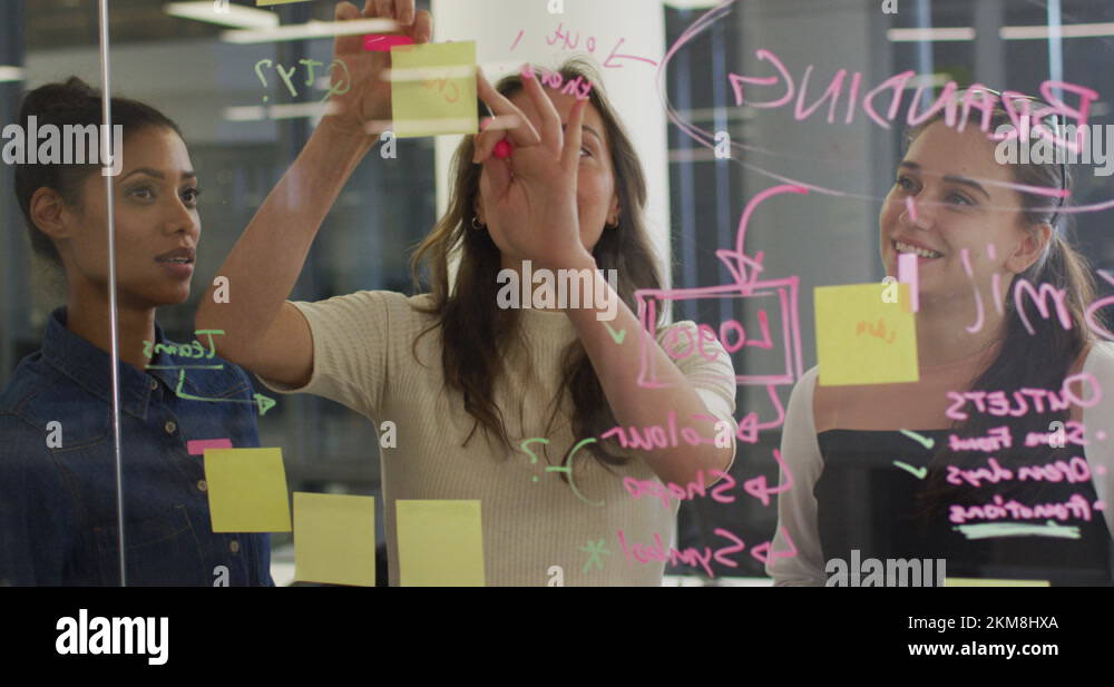 Diverse group of female work colleagues brainstorming putting sticky ...