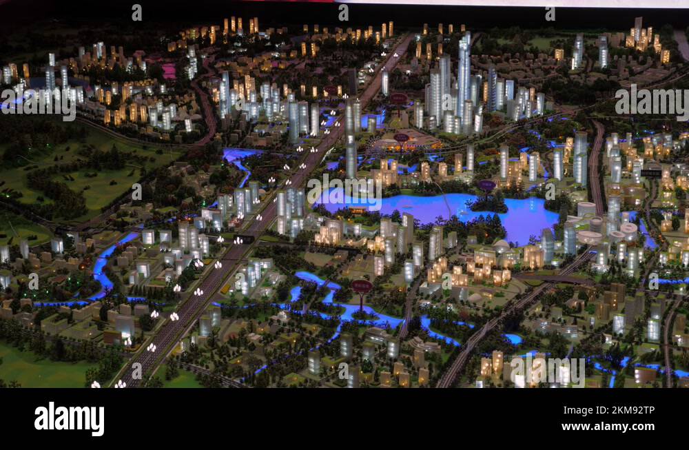layout of modern city in museum, development of town, model of city map ...