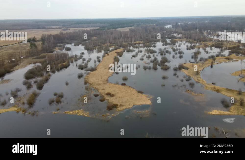 Spring flood of the river. Spring flood flood of a large river from a ...