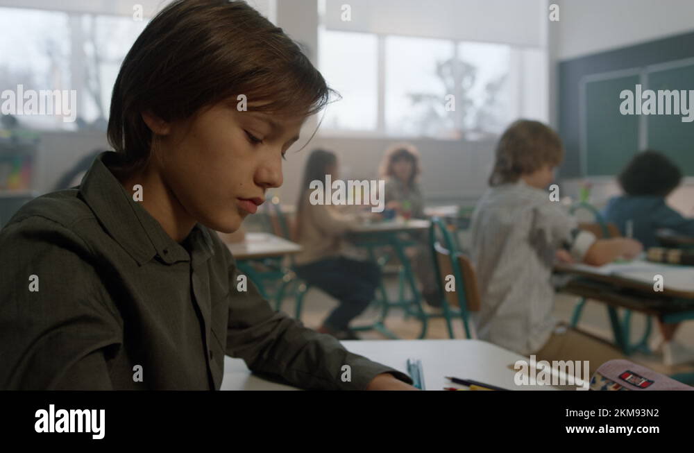 Boy learning in classroom. Smart student looking at blackboard during ...