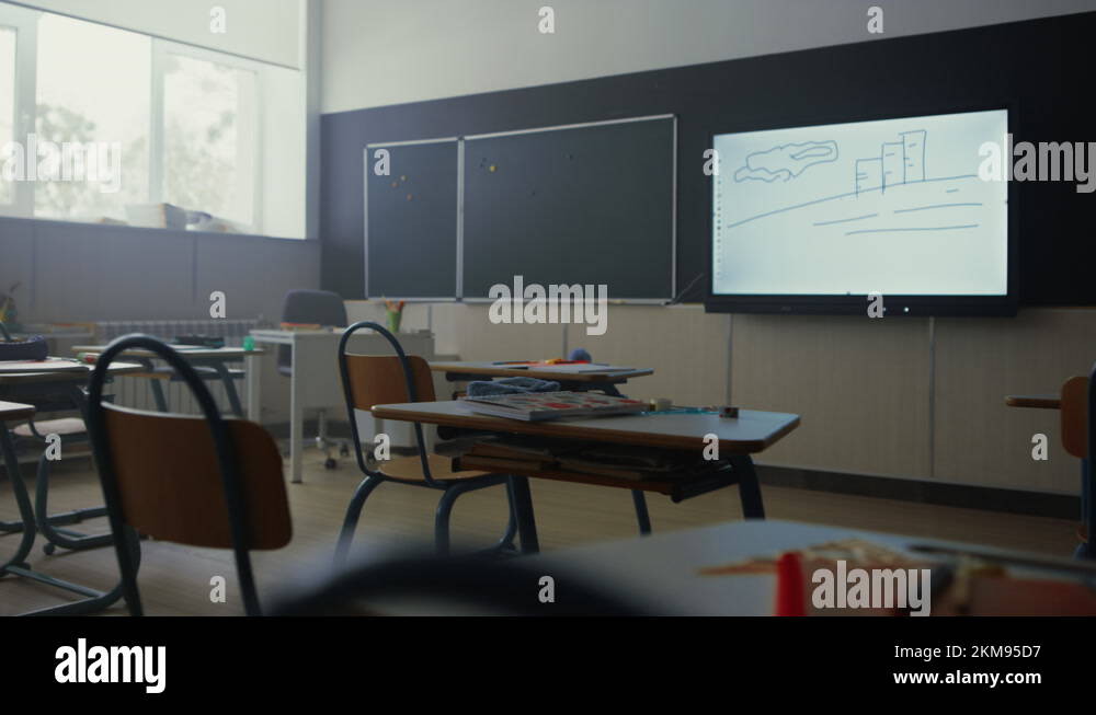 Empty classroom interior. School room with modern projector screen on ...