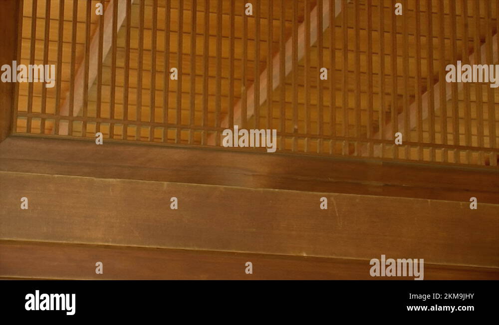 Pan right-to-left across hinoki wood latticework (koshi) in a Japanese ...
