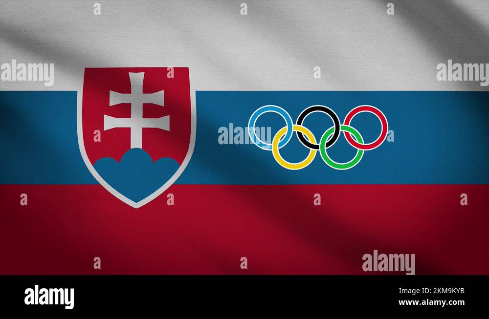 Waving flag of Slovakia with five-ringed symbol of the Olympic Games ...