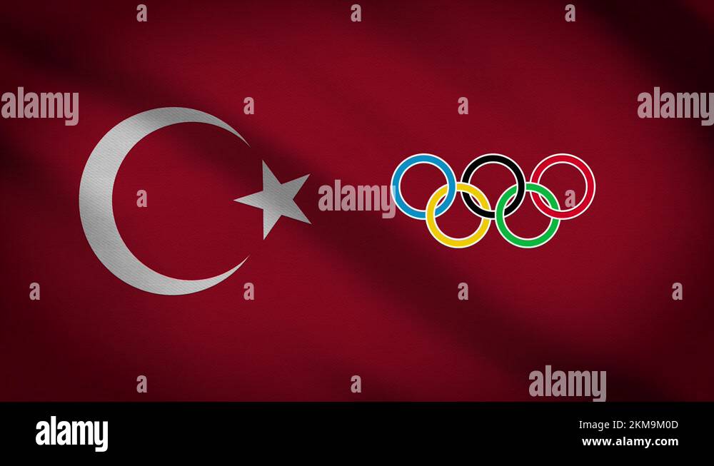 Waving flag of Turkey with five-ringed symbol of the Olympic Games ...