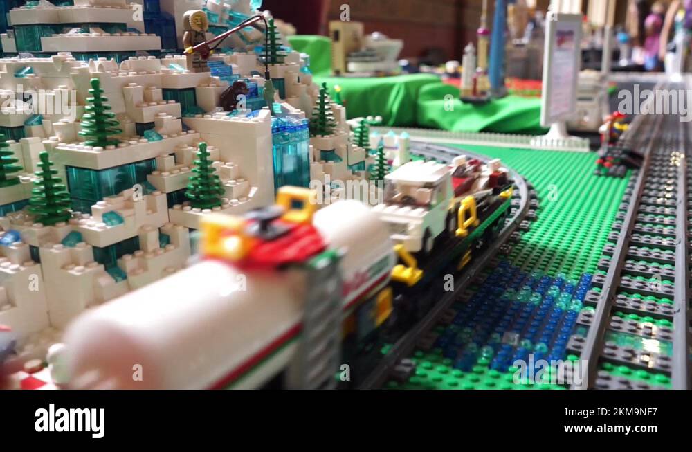 Lego Train Moving Forward on train track in a mini world, video taken ...