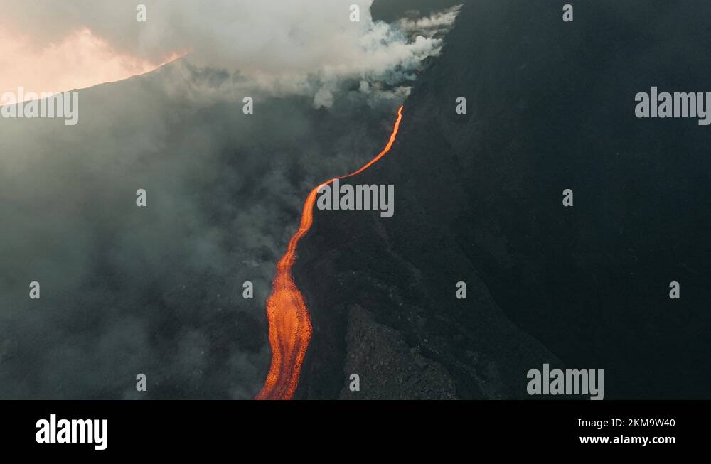 Lava flows activity from Pacaya volcano eruption in Guatemala. Drone ...