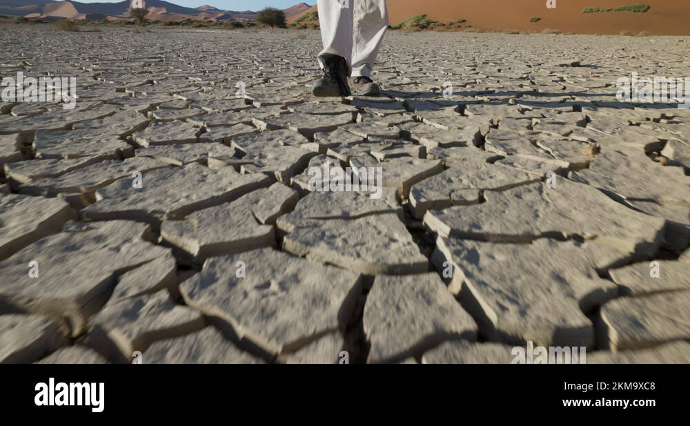 Climate change.Devastated farmer walking across dry dam due to drought ...