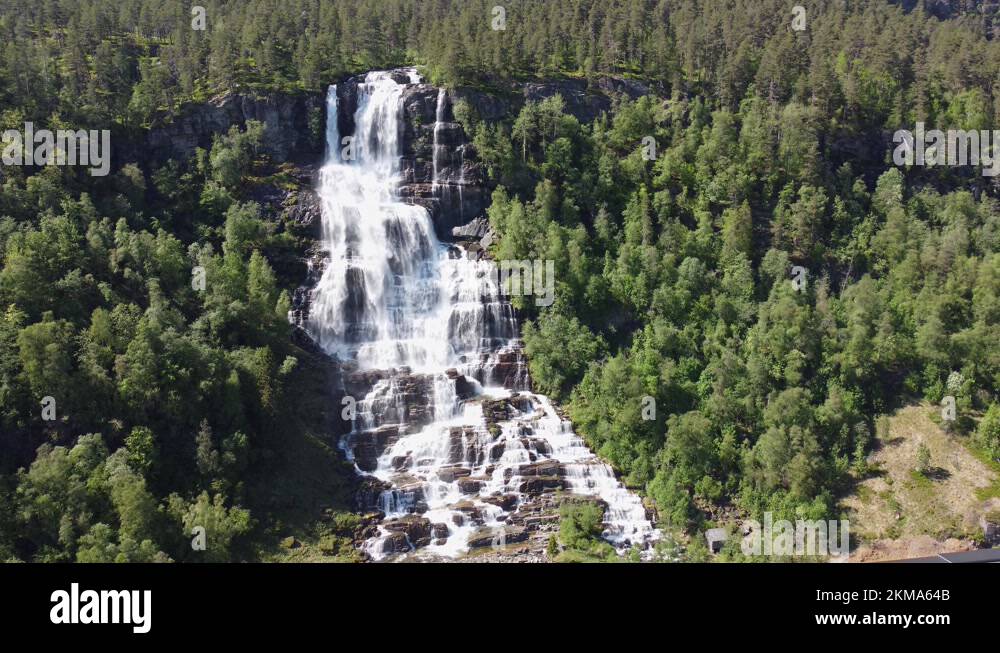 Famous tourist attraction Tvindefossen waterfall - Voss Norway aerial ...