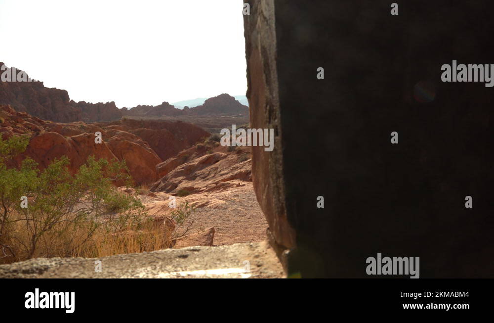 Slow reveal of a rugged desert landscape through a cabin window Stock ...