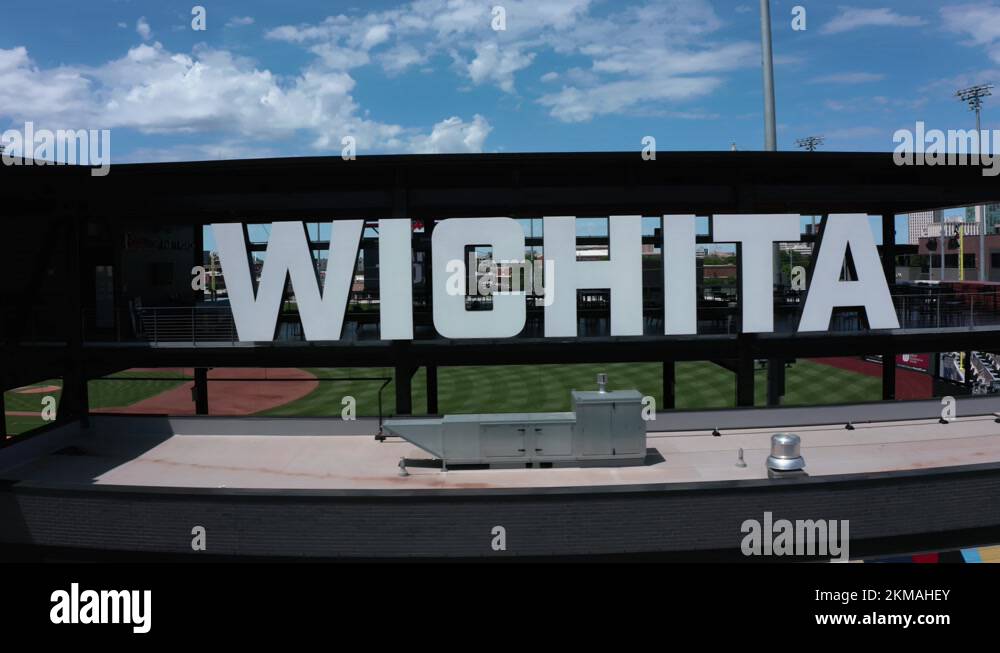 Drone aerial of Riverfront baseball stadium nameplate in Wichita Kansas ...