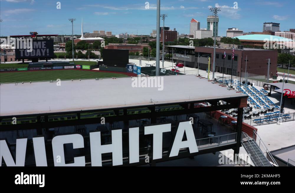 Drone aerial of Riverfront baseball stadium in downtown Wichita kansas ...